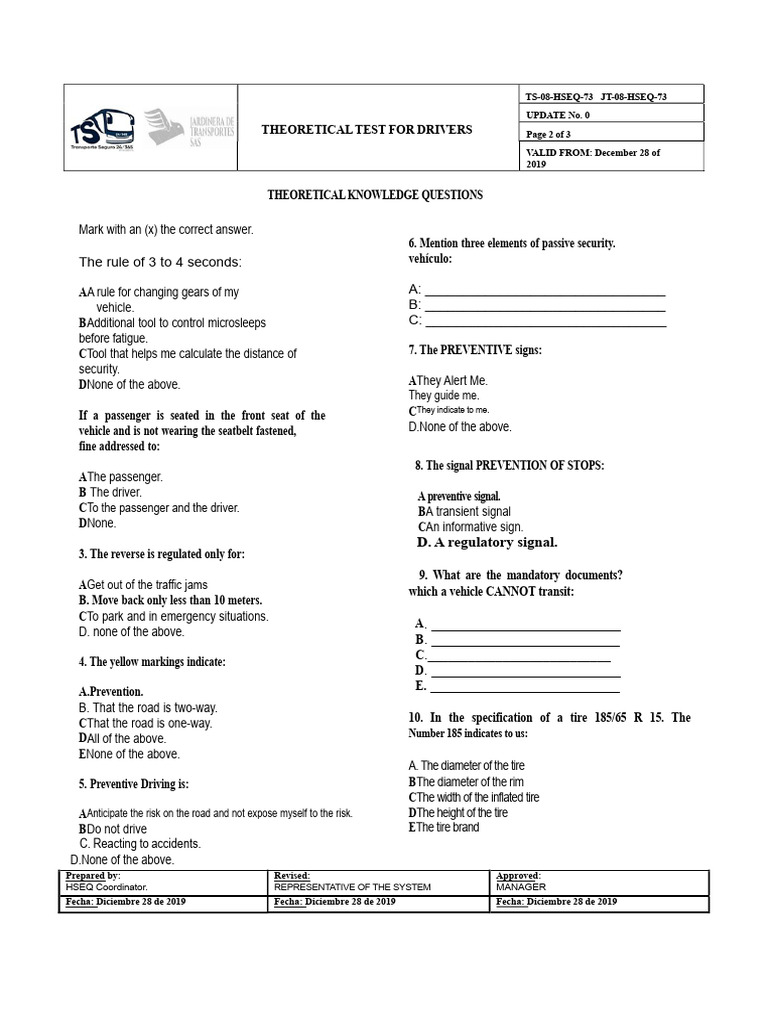 Driver Theoretical Knowledge Test | PDF | Seat Belt | Transport