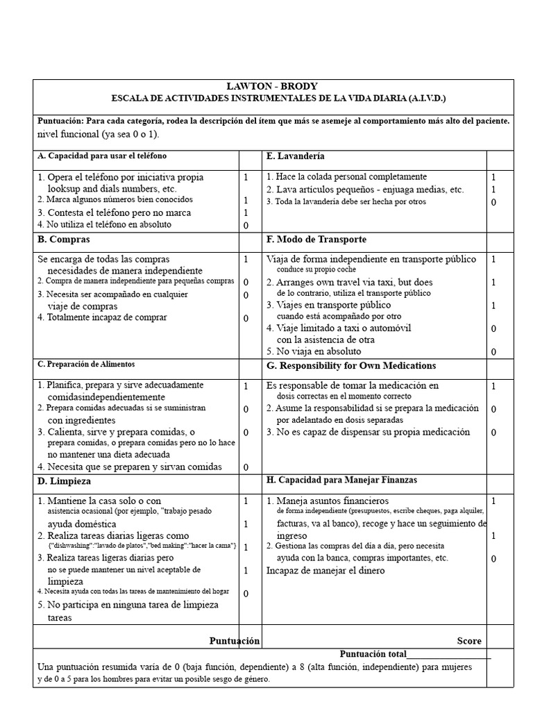 Formulario IADL de Lawton en Inglés | PDF