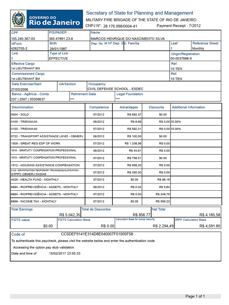 Military Fire Brigade Pay Receipts 2012 | PDF | Paycheck | Social ...