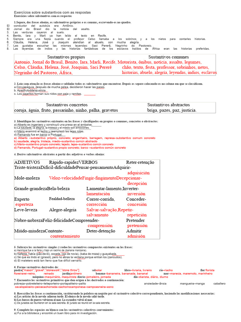 Ejercicios Sobre Sustantivos Con Las Respuestas | PDF | Sustantivo ...