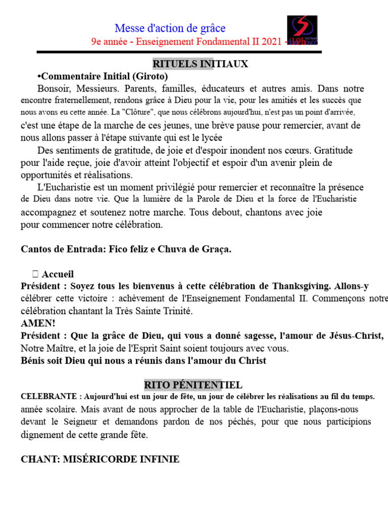 Messe d'action de grâce pour la 9e année | PDF | Prière | Jésus