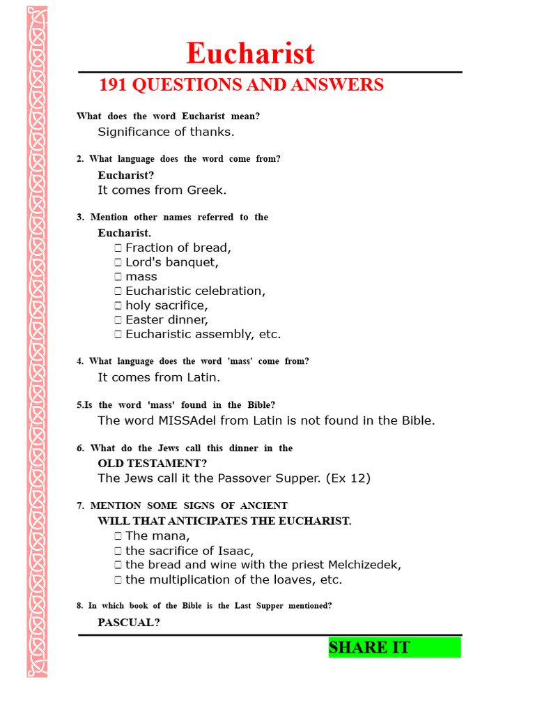 Understanding the Eucharist: Q&A Guide | PDF | Eucharist | Mass (Liturgy)
