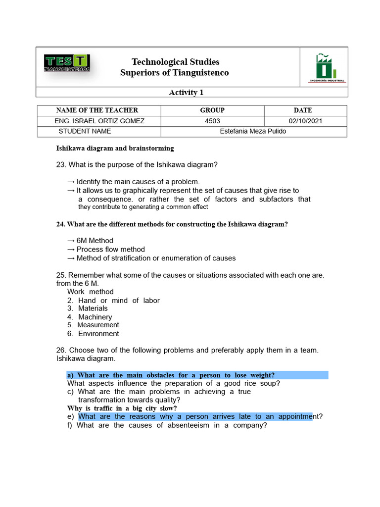 Activity 3 Ishikawa Questionnaire | PDF | Weight Loss | Psychology