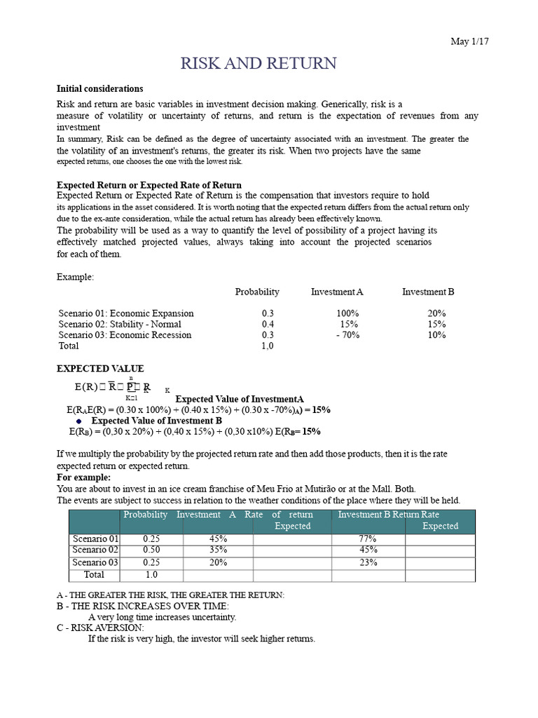 Risk and Return CLASSES AND EXERCISE ANSWERS PDF | PDF | Risk | Investing