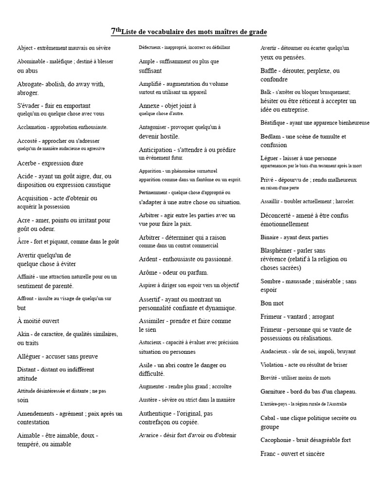 Vocabulaire de mots maîtres de 7e année | PDF | Peur