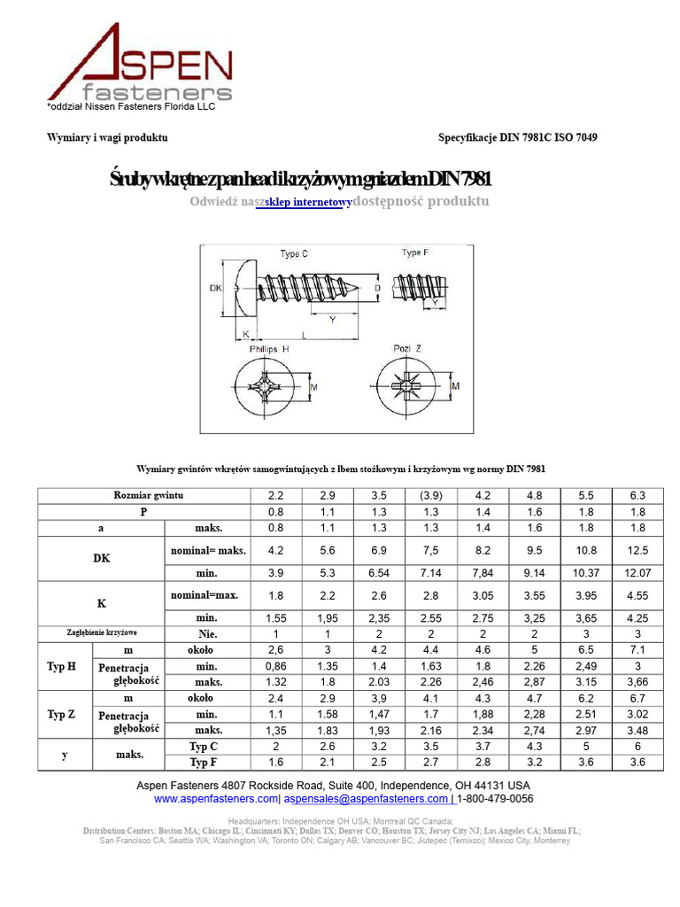 Specyfikacja Metric DIN 7981 | PDF