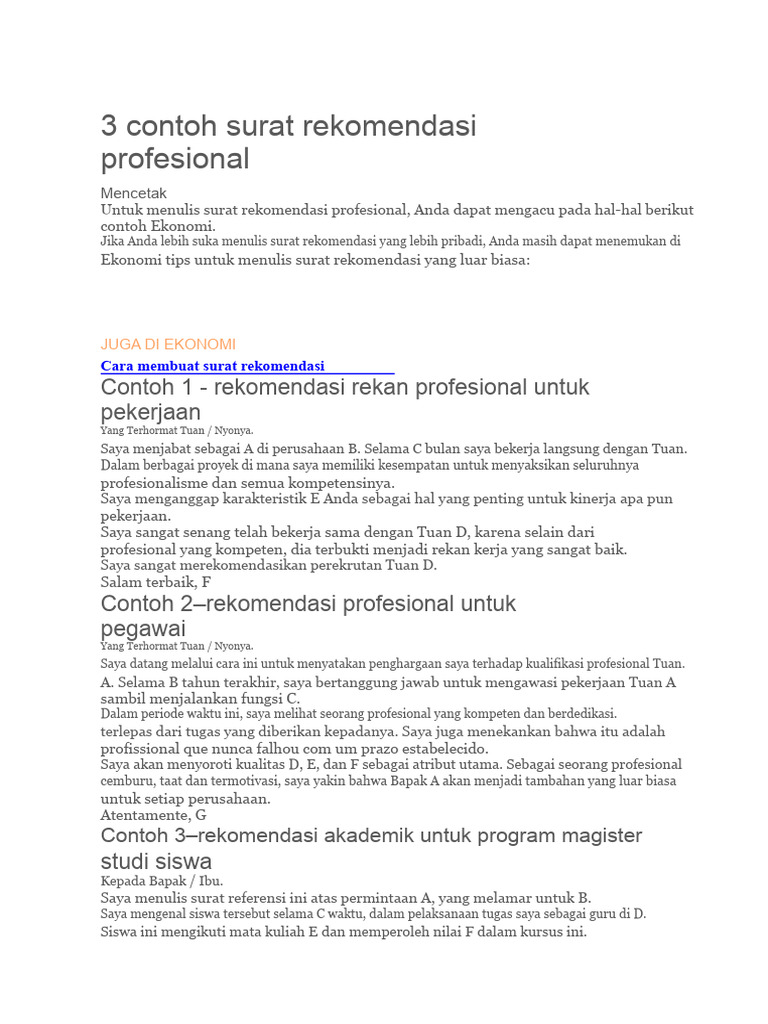3 Contoh Surat Rekomendasi Profesional | PDF