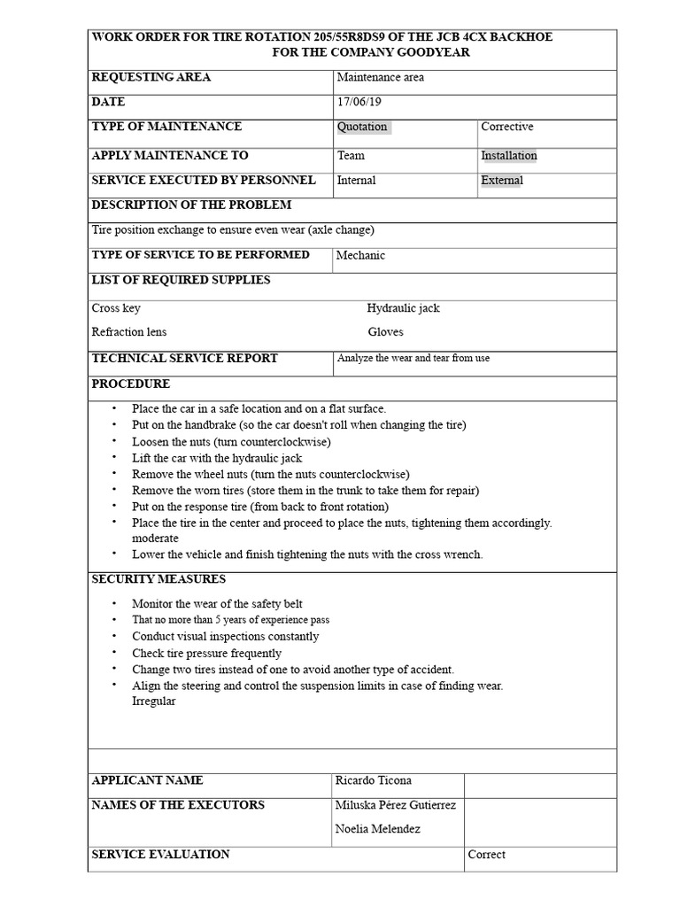 Tire Rotation Work Order for JCB 4CX | PDF