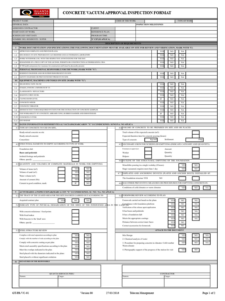 GT-PR-VC-01 Ver 00 Concrete Pouring Inspection Format | PDF | Concrete ...