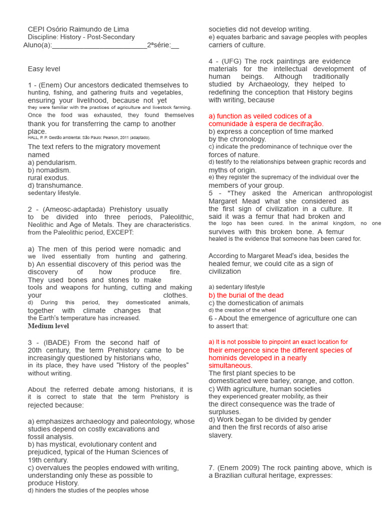 Preparatory Activities For The ENEM Prehistory | PDF | Neolithic ...