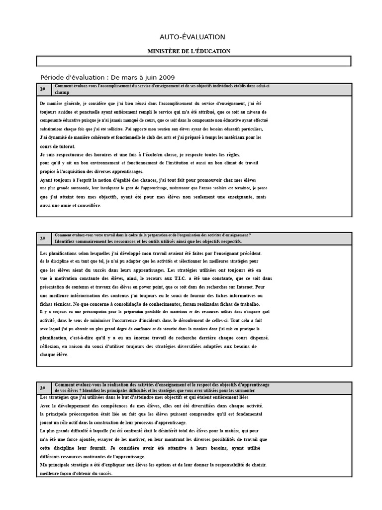 Auto-évaluation de l'enseignement 2009 | PDF | Pédagogie | Apprentissage