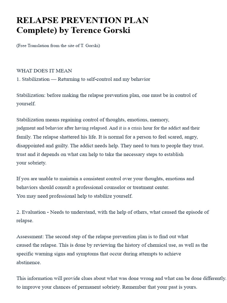 Relapse Prevention Plan | PDF | Sleep | Relapse