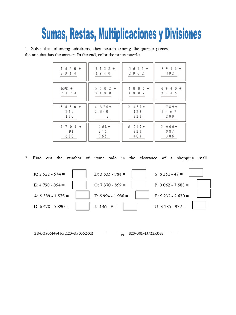 Addition, Subtraction, Multiplication, and Division Worksheet For ...