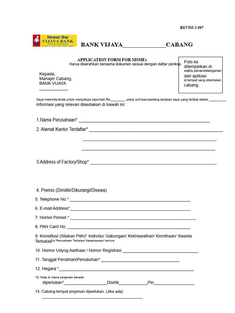 Formulir Aplikasi Pinjaman MSME Bank Vijaya | PDF