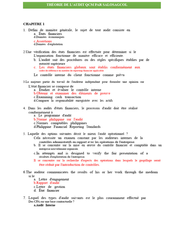 Théorie de l'Audit : QCM et Concepts Clés | PDF | Audit | Contrôle interne