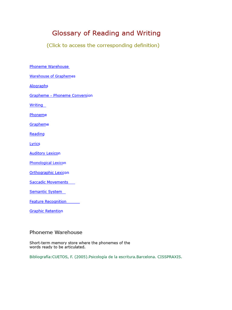 Glossary of Reading and Writing | PDF | Word | Phoneme