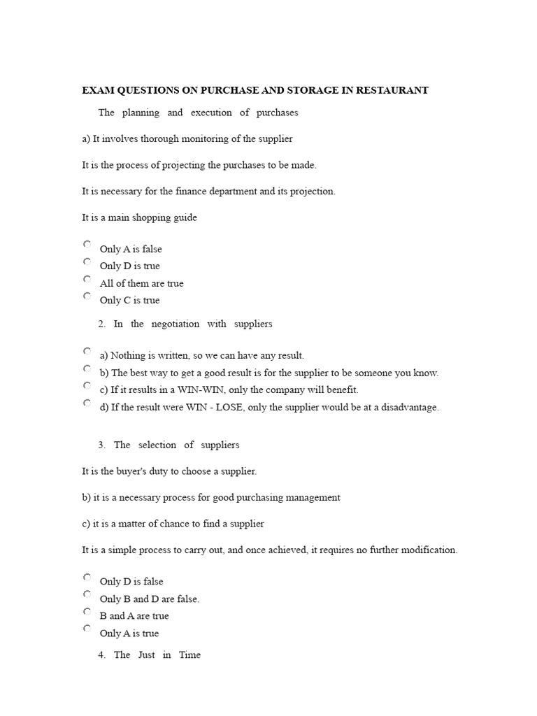 Restaurant Purchasing and Inventory Exam Questions | PDF | Business