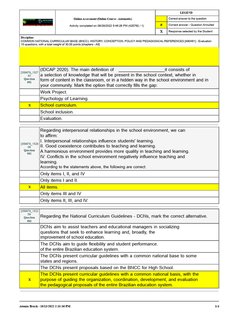 NATIONAL COMMON CURRICULUM BASE (BNCC) - ACTIVITIES - TEST | PDF ...