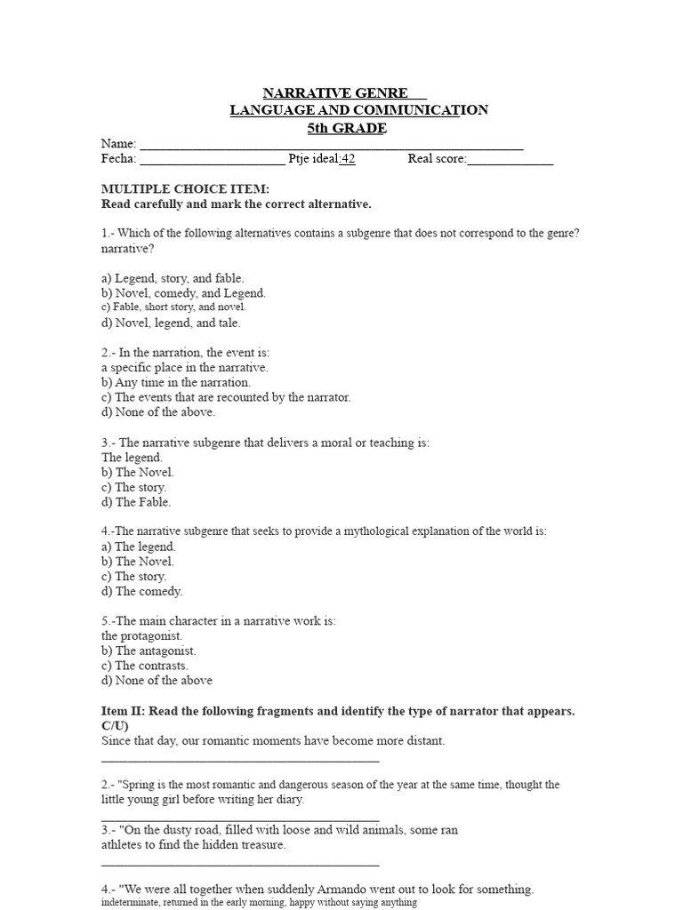 5th Grade Narrative Genre Assessment | PDF | Narrative | Genre