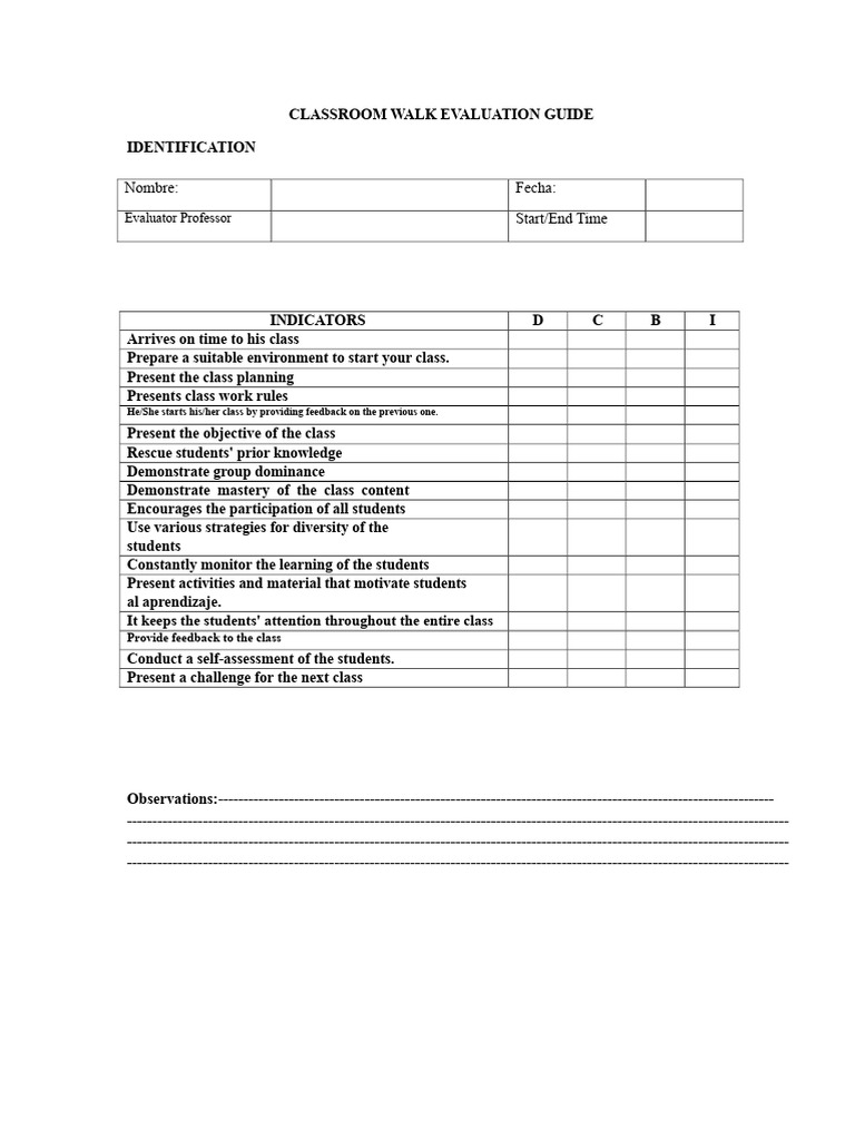 Classroom Walk Evaluation Checklist | PDF