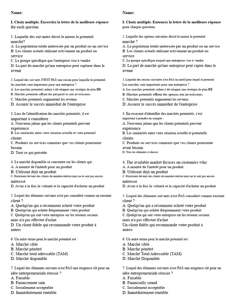 Questions sur le potentiel de marché | PDF | Commercialisation
