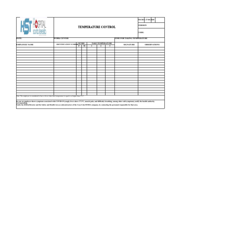 Temperature Recording and Control Format For Workers | PDF