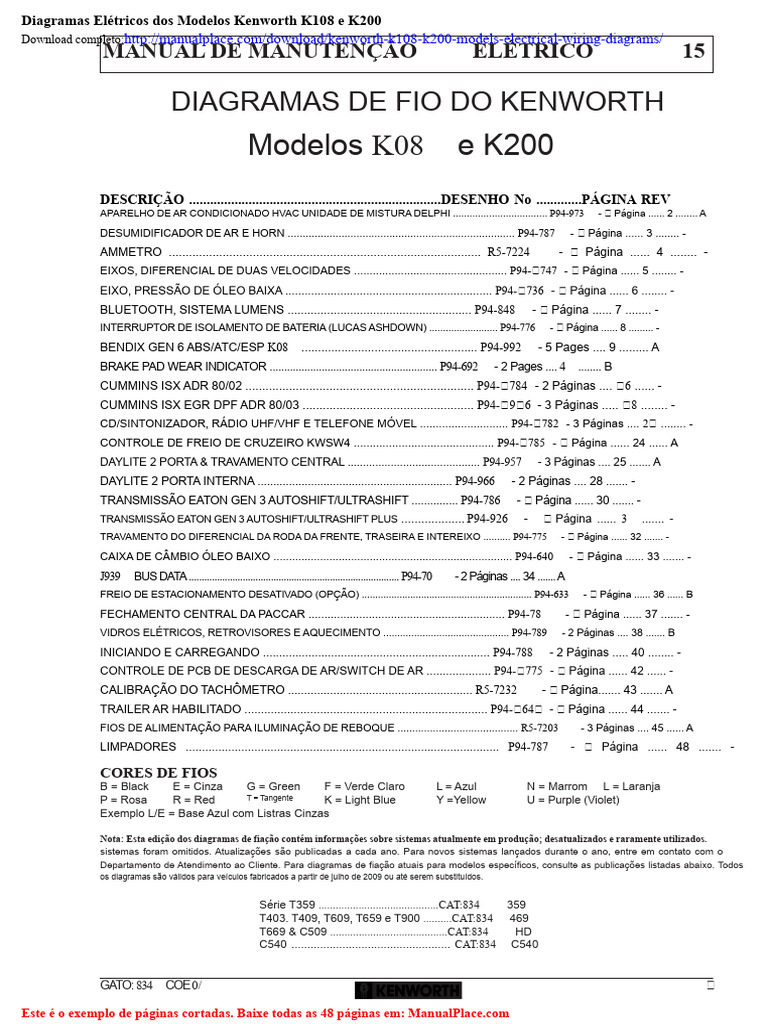 Diagramas de Fiação Elétrica Dos Modelos Kenworth K108 e K200 | PDF ...