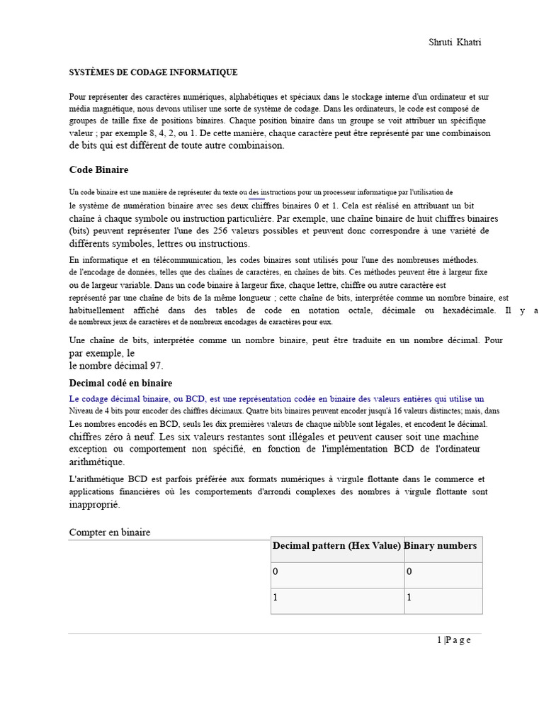 Introduction aux systèmes de codage binaire | PDF | Décimal codé ...