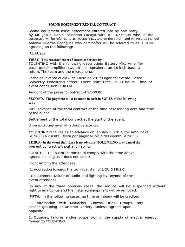 Sound Equipment Rental Agreement | PDF | Business Law | Private Law