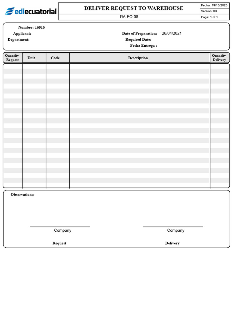 RA-FO-08 - Submission Request To - Warehouse | PDF