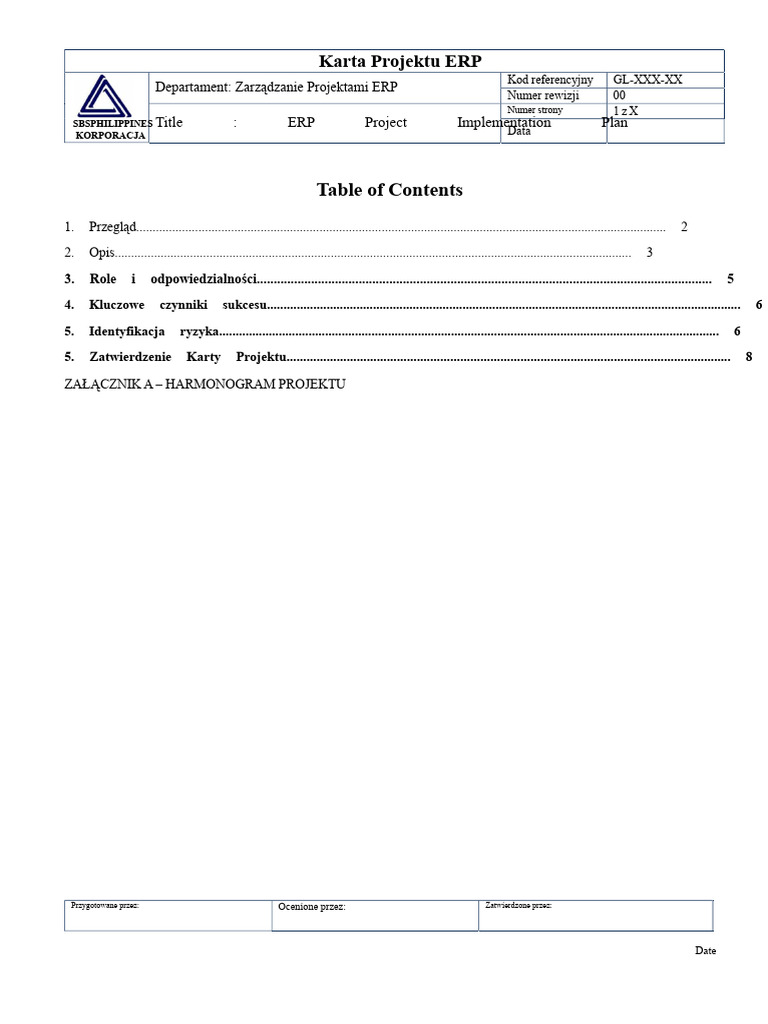 Przykład karty projektu ERP | PDF