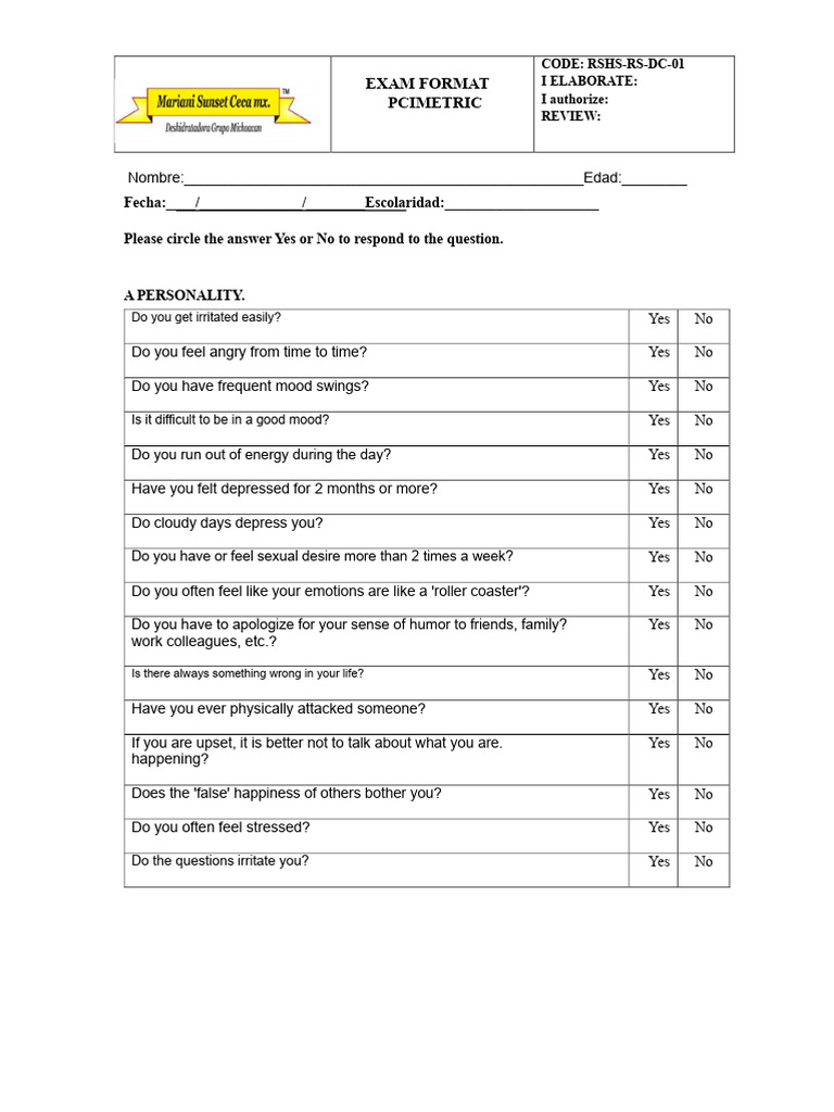 Psychometric Exam Format | PDF | Mood (Psychology) | Mental Health