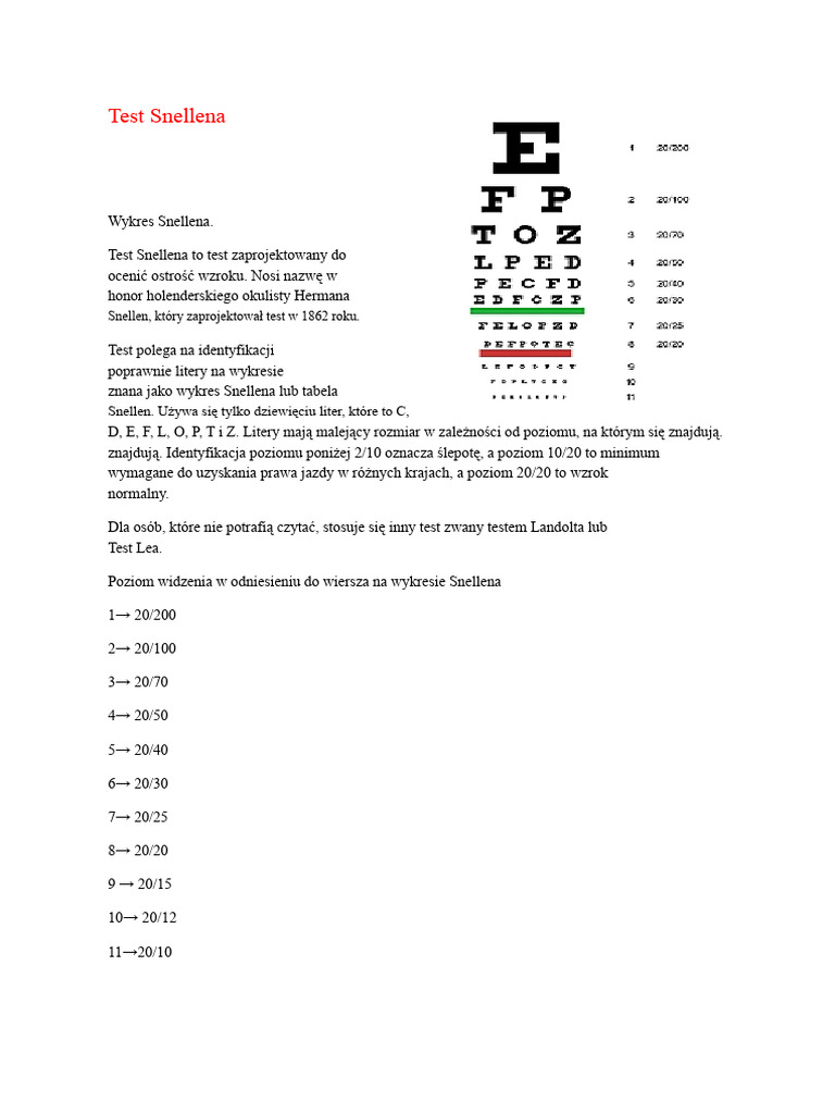 TEST SNELLENA (Test Wzroku) | PDF