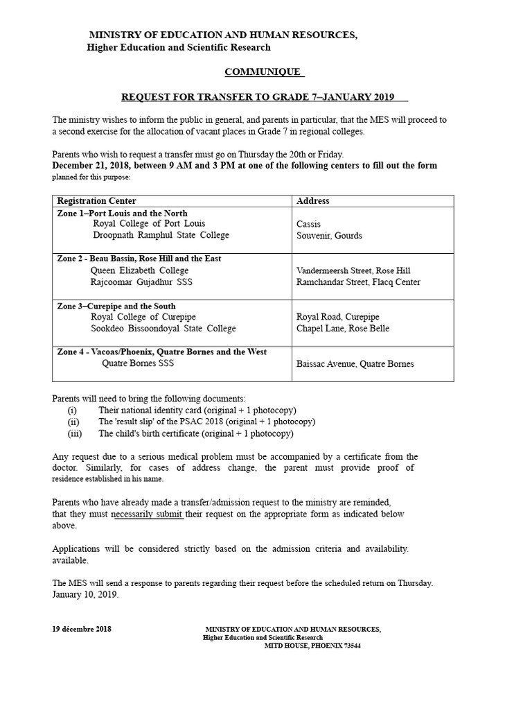 Grade 7 Transfer Request Guidelines 2019 | PDF