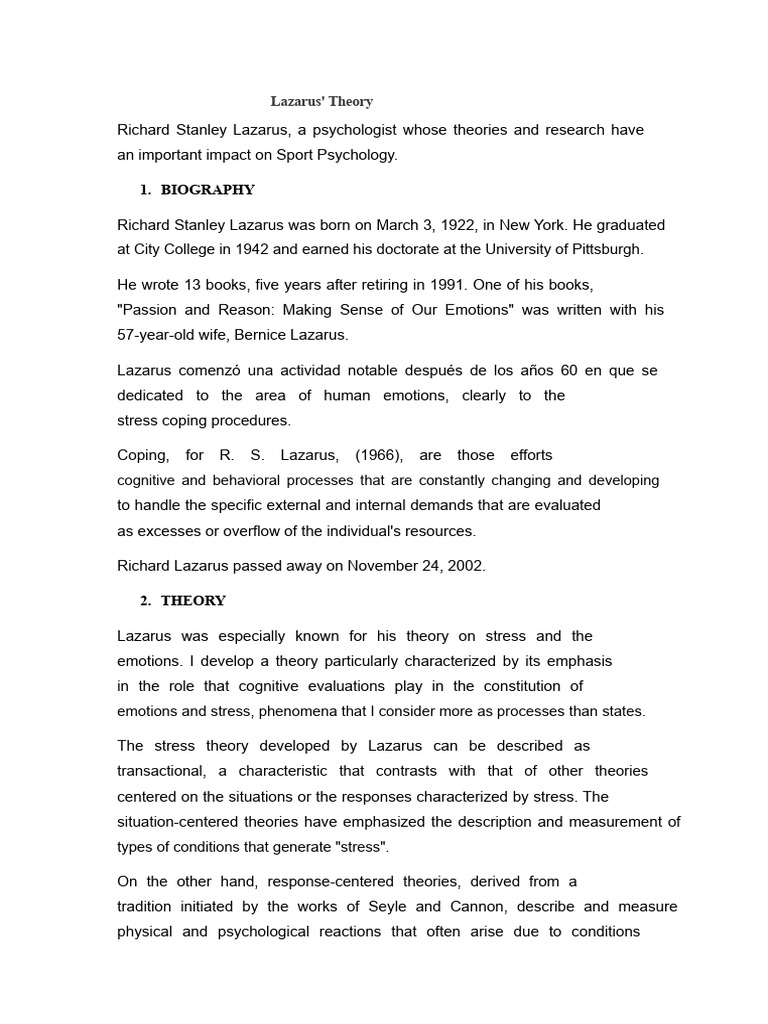 Theory of Richard Lazarus | PDF | Stress (Biology) | Emotions