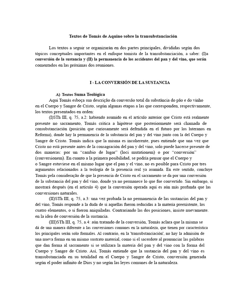 Transubstanciación en Tomás de Aquino | PDF | eucaristía | Teoría de ...