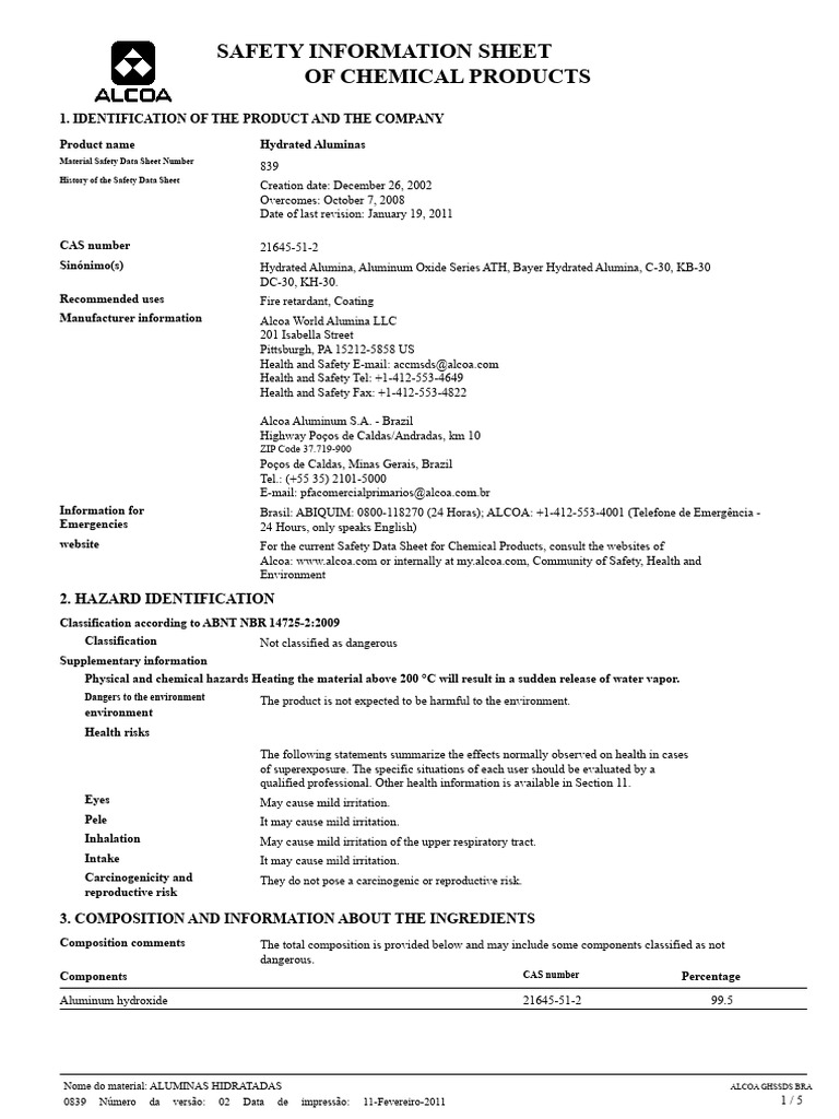 MSDS Hydrated Alumina (Aluminum Hydroxide) Rev. 19.01.11 - Alcoa | PDF ...