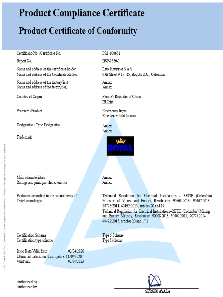 Emergency Light Certificate | PDF