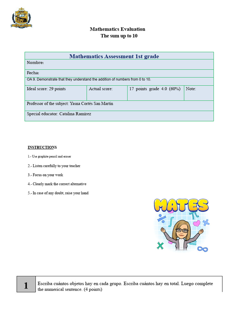 1st grade assessment Addition up to 10 | PDF