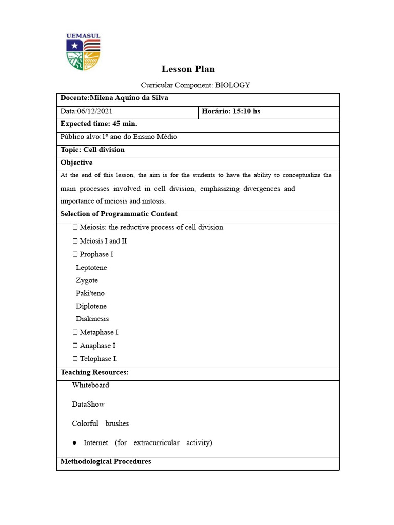 Cell Division Lesson Plan for Biology | PDF