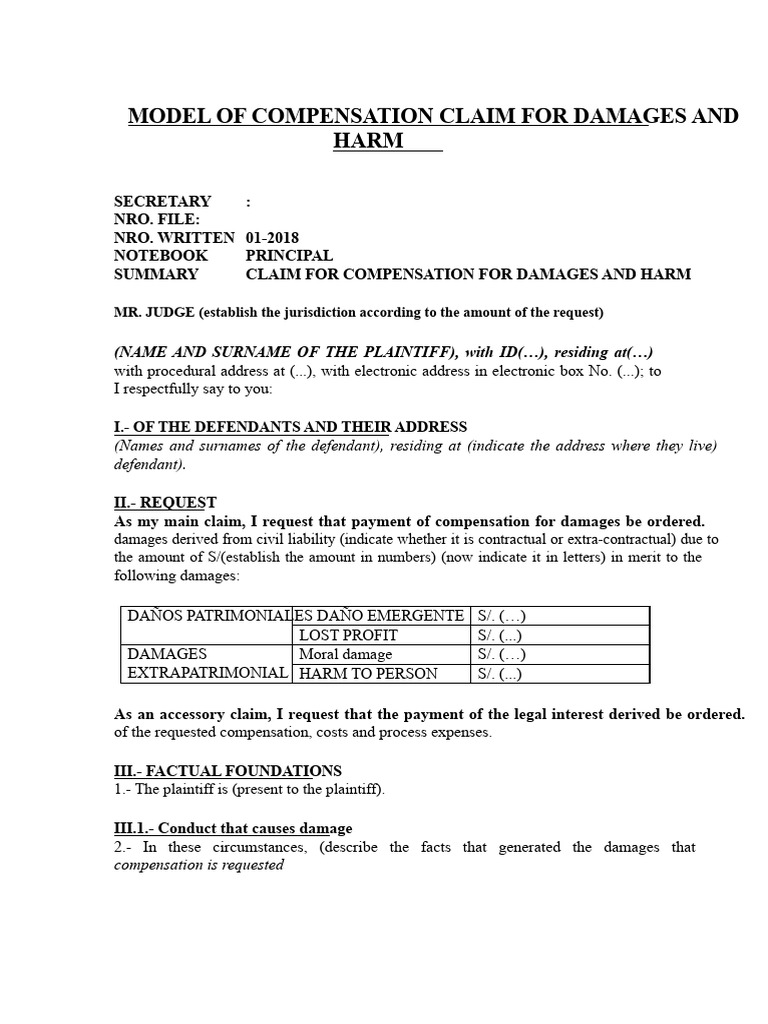 Compensation Claim Model Template | PDF | Damages | Negligence