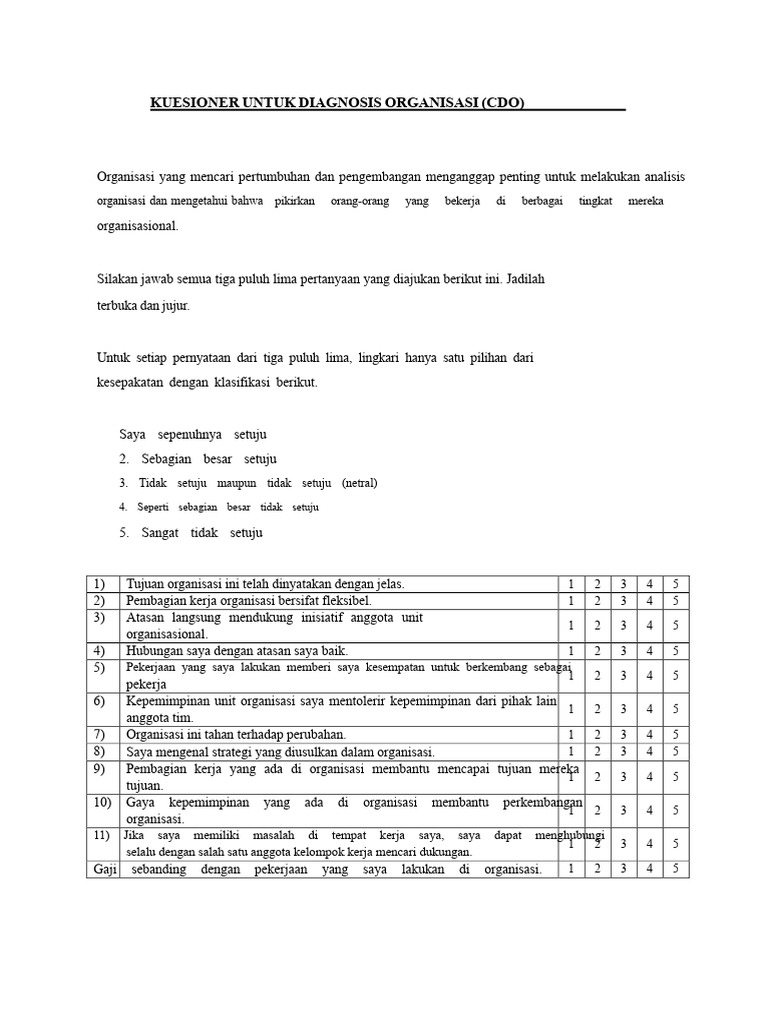 KUESIONER UNTUK DIAGNOSIS ORGANISASI (CDO) | PDF