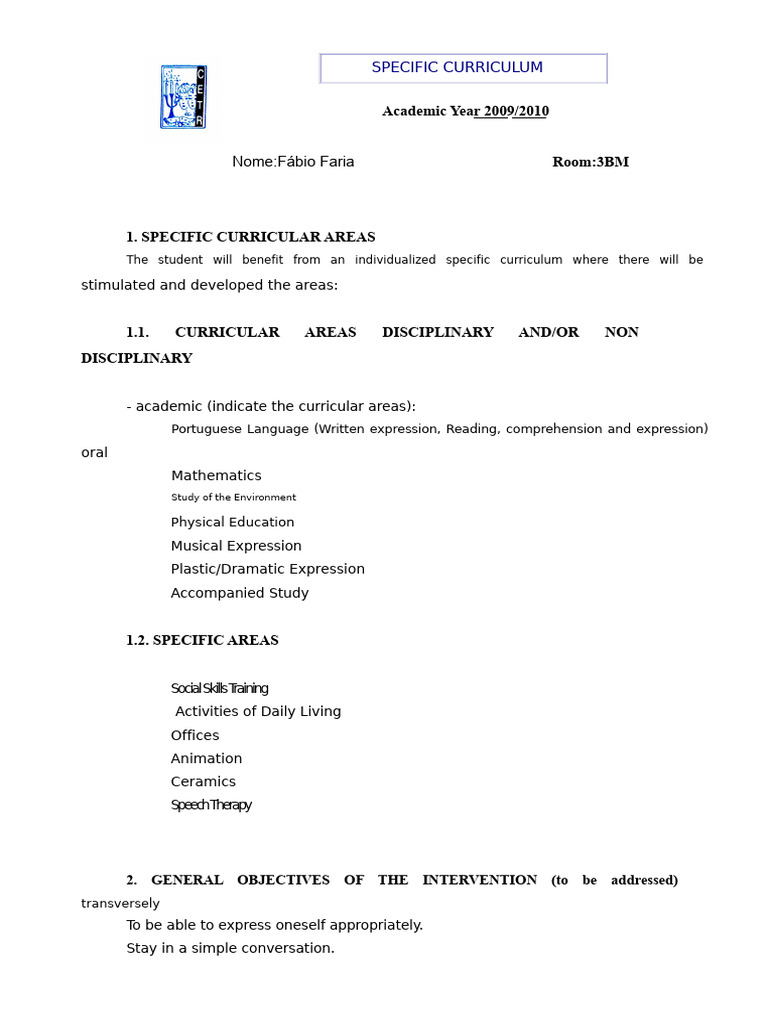 CEI - Individual Specific Curriculum | PDF | Syllable | Nonverbal ...