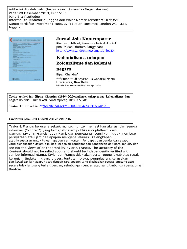 Bipan Chandra - Kolonialisme, Tahapan Kolonialisme dan Negara Kolonial | PDF