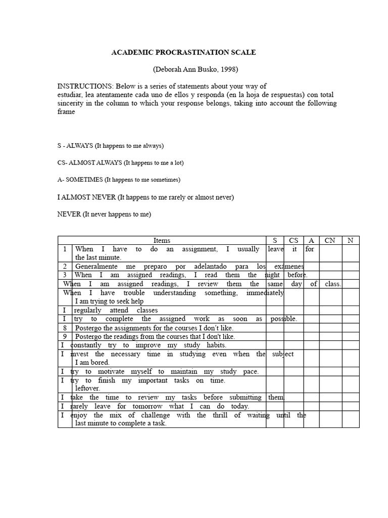 Academic Procrastination Scale Guide | PDF | Procrastination ...