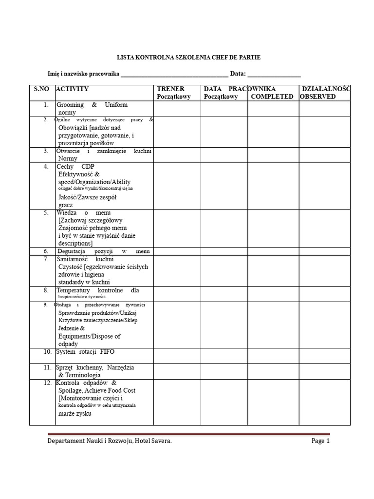 Lista Kontrolna Restauracji CDP | PDF