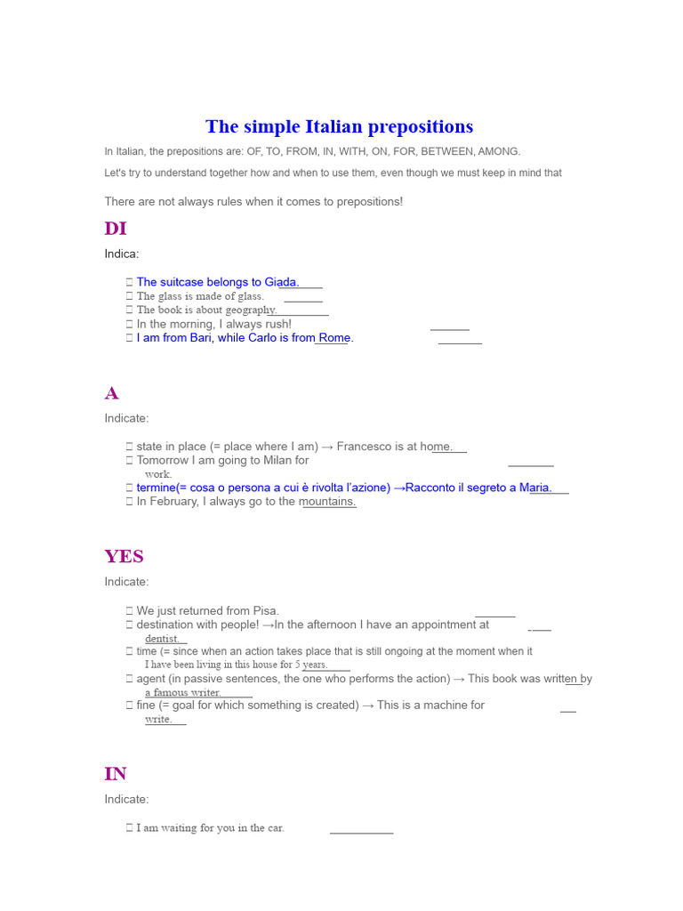The Simple Italian Prepositions | PDF