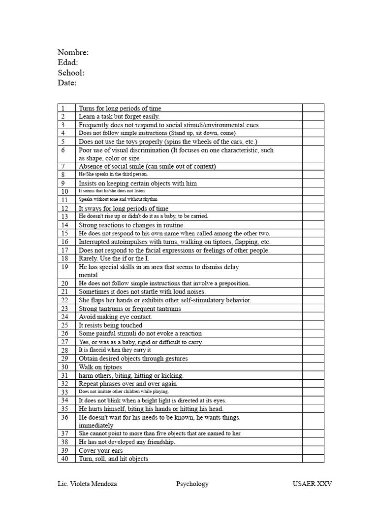 Autism Behavior Checklist Protocol | PDF | Cognition | Neuroscience