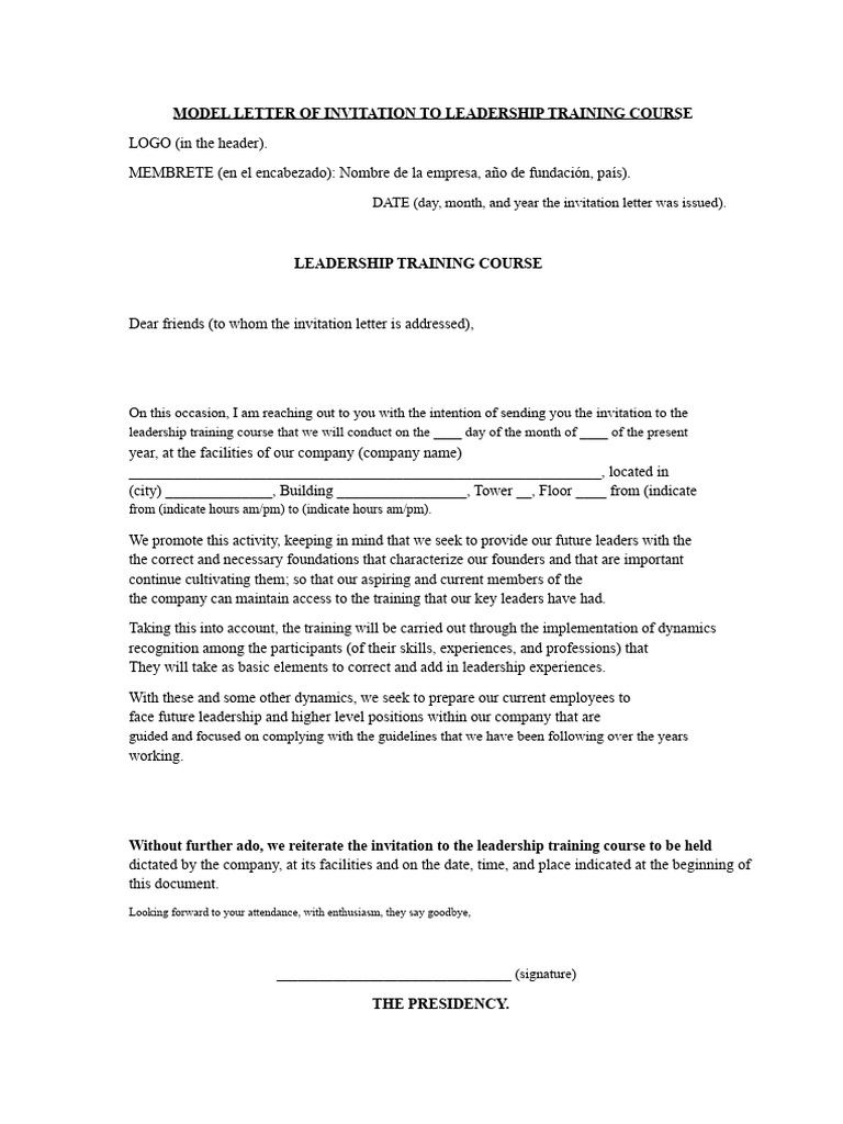 Model of Invitation Letter To Leadership Training Course | PDF