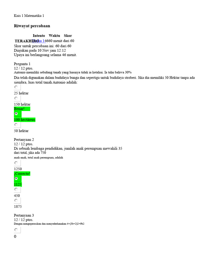 Kuis Matematika 1: Skor 60/60 | PDF